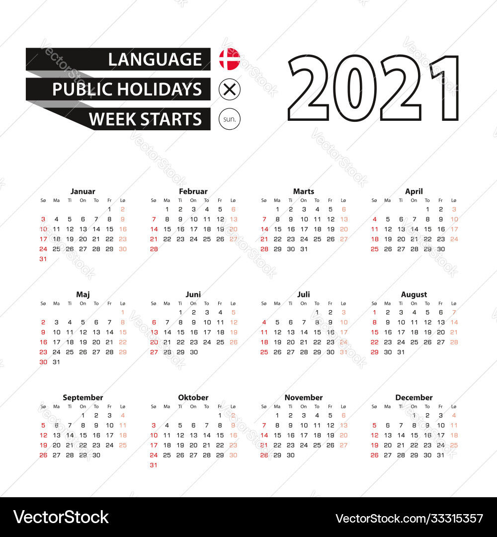 2021 calendar in danish language week starts from Vector Image