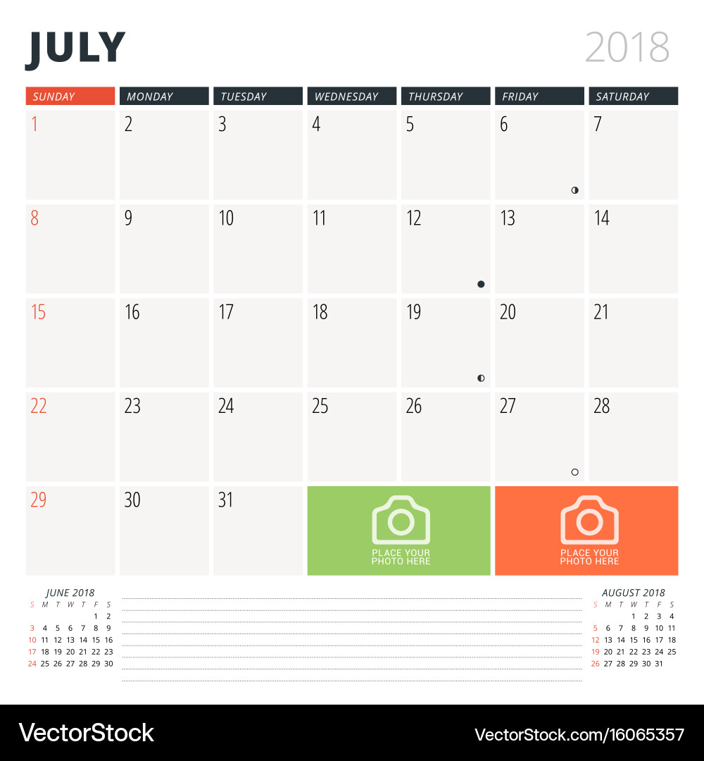 Calendar planner for july 2018 design template Vector Image