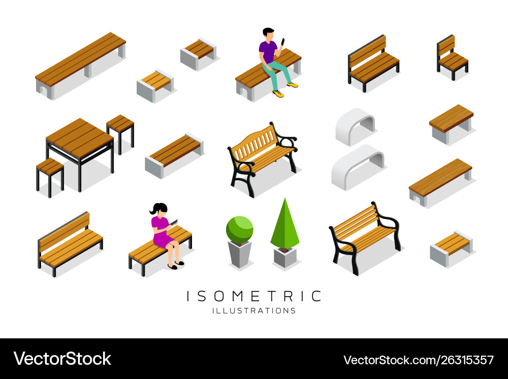 Isometric wooden bench collection Royalty Free Vector Image
