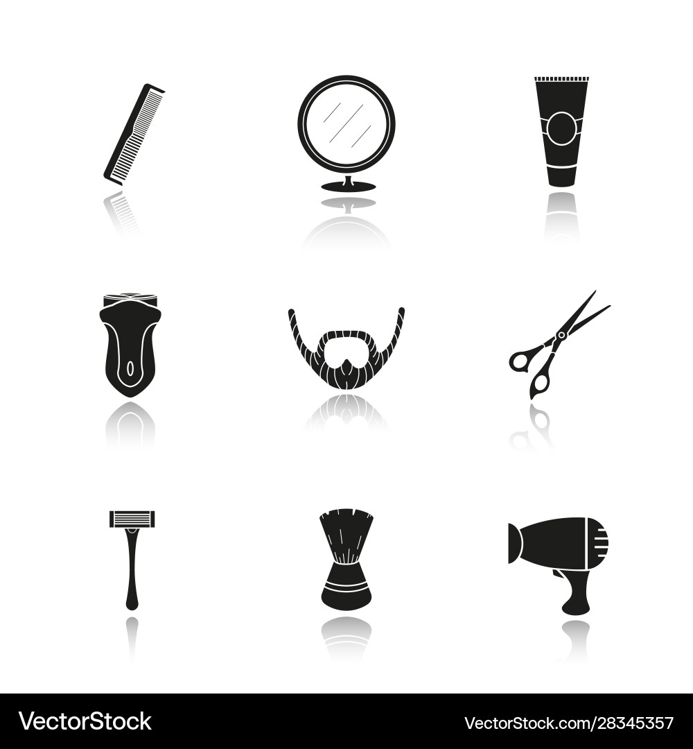 Shaving accessories drop shadow black icons set Vector Image