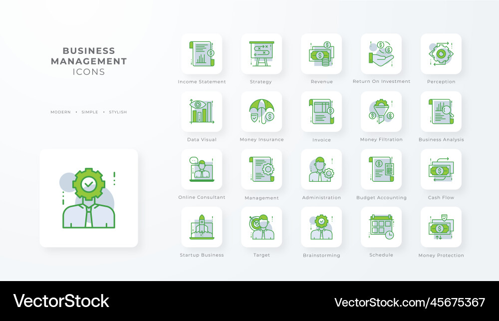 Business management icon collection with green Vector Image