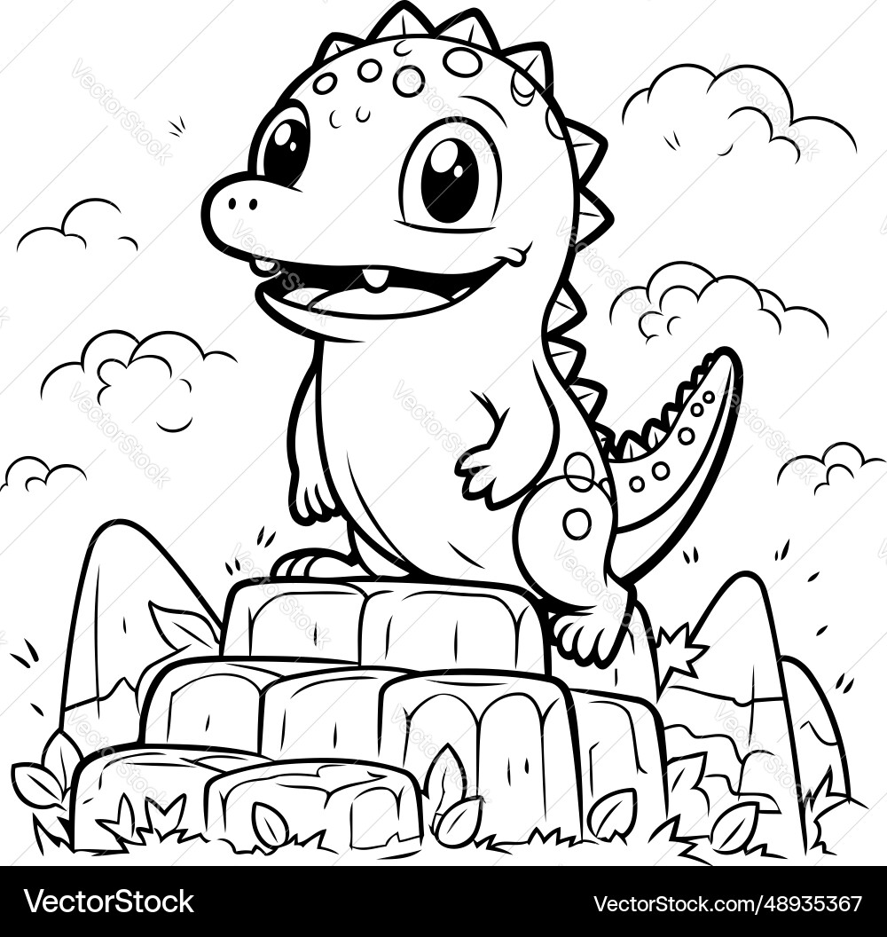 Cute dinosaur on the stone coloring book Vector Image