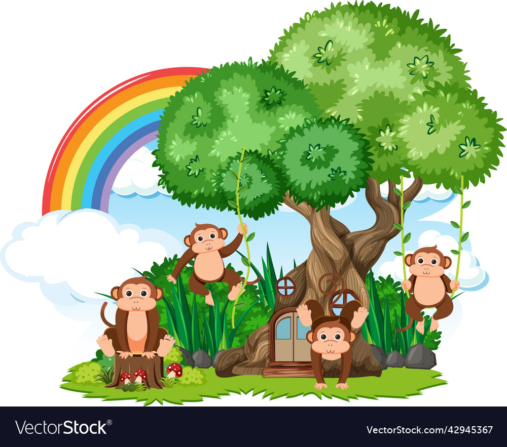 Monkey group with tree Royalty Free Vector Image