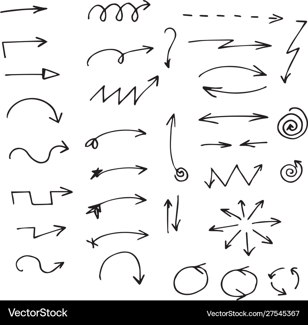 Set curved arrows hand drawn sketch doodle style Vector Image