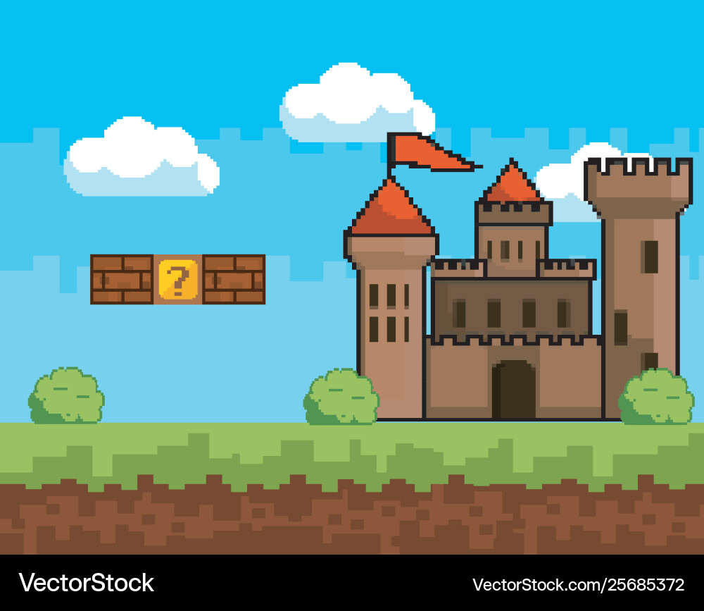 Arcade game world and pixel scene design Vector Image