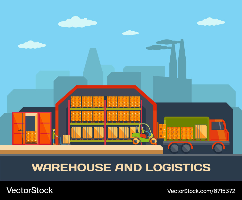 Logistics and warehouse building with trucks and Vector Image