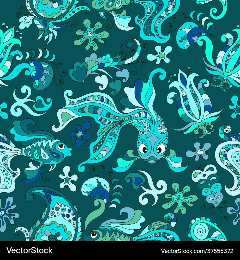 Seamless pattern with fish flowers cucumbers Vector Image
