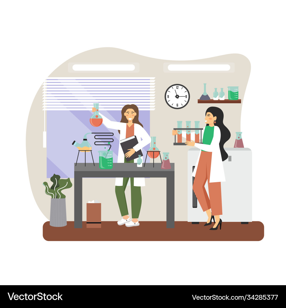 Chemical laboratory research scientists carrying Vector Image