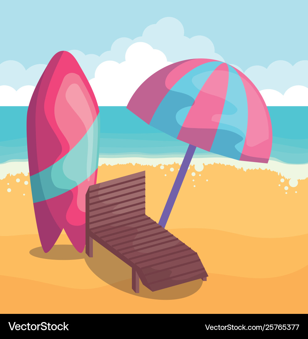 Summer beach scene with chair and surfboard Vector Image