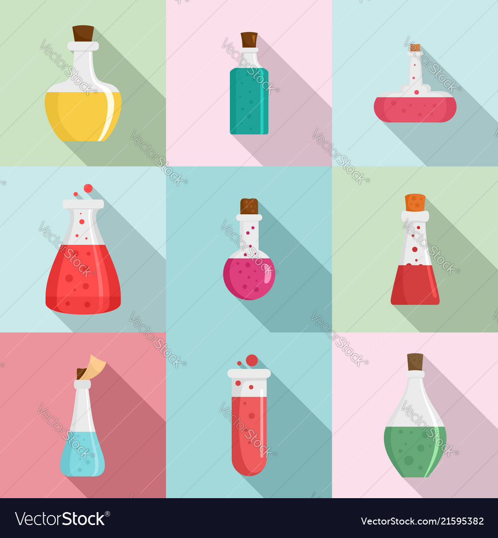 Chemical flask icons set flat style Royalty Free Vector
