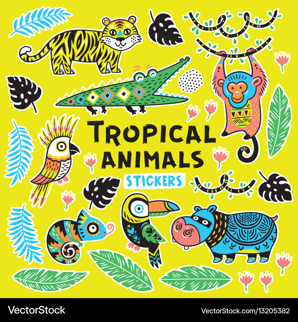 Collection stickers with tropical animals Vector Image