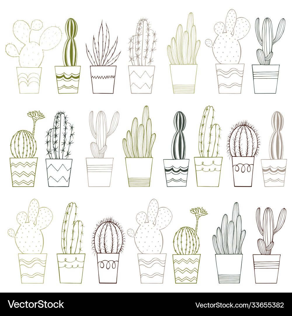 Hand drawn cacti in pots background Royalty Free Vector