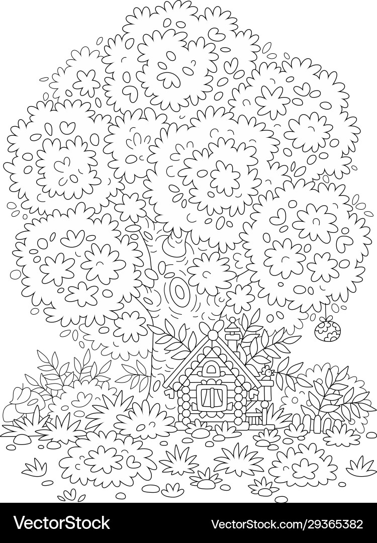 Small wooden house under a big tree Royalty Free Vector