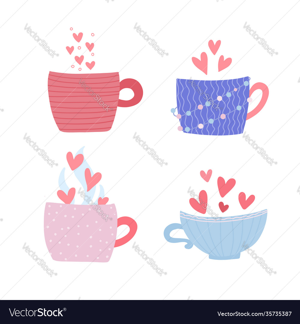 Pastel color mug set four cups with hearts and Vector Image