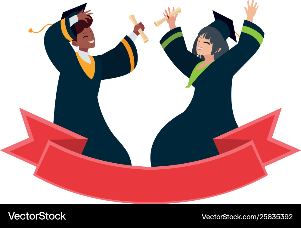 Interracial couple students graduated celebrating Vector Image