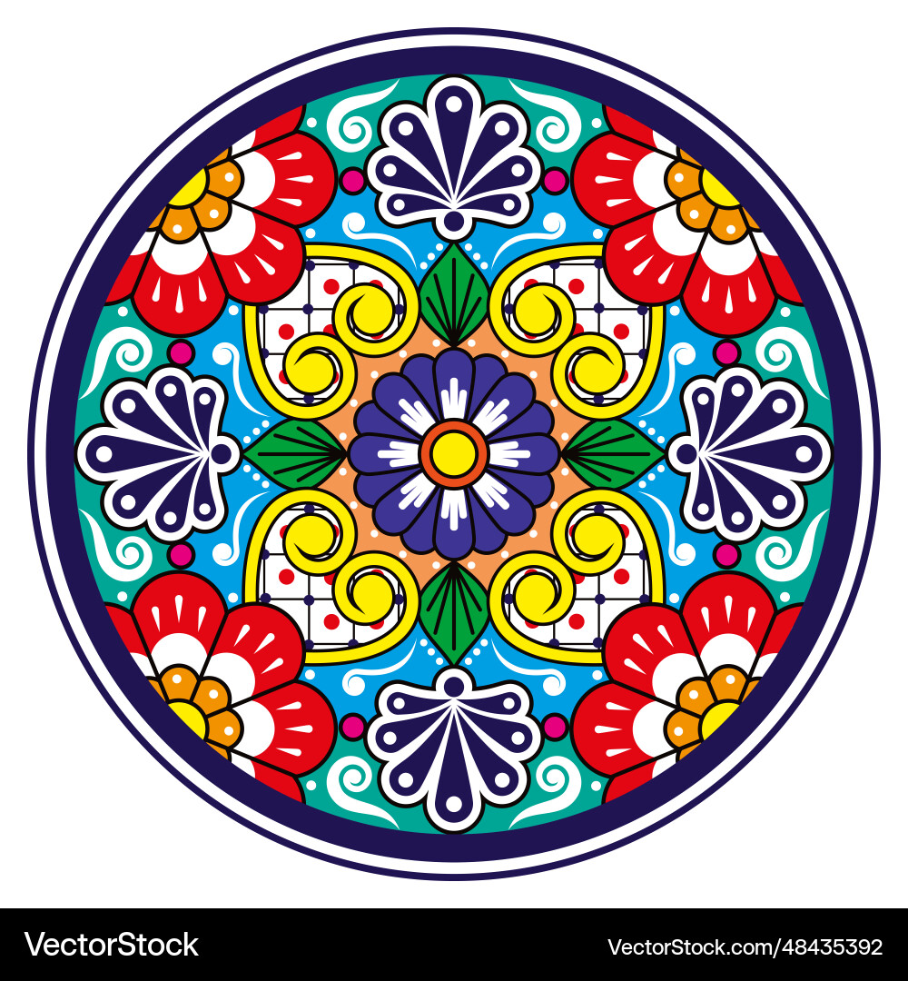 Mexican talavera round plate design Royalty Free Vector
