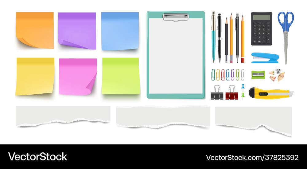 Stationery collection realistic pen pencil notes Vector Image