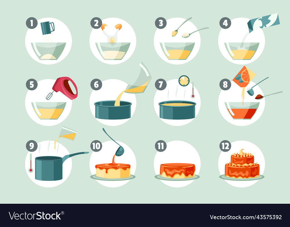 Step by preparation cake set baking Royalty Free Vector