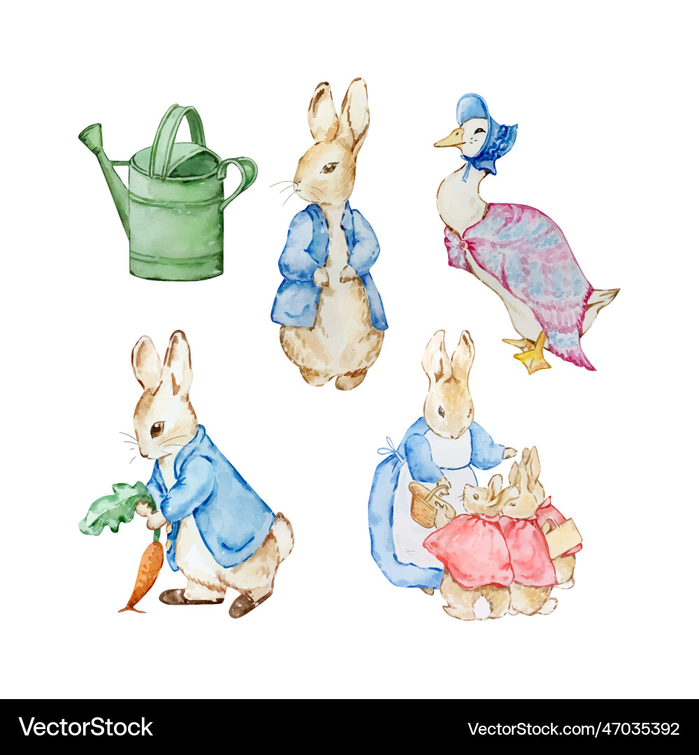 Watercolor cute rabbits in a blue jacket Vector Image