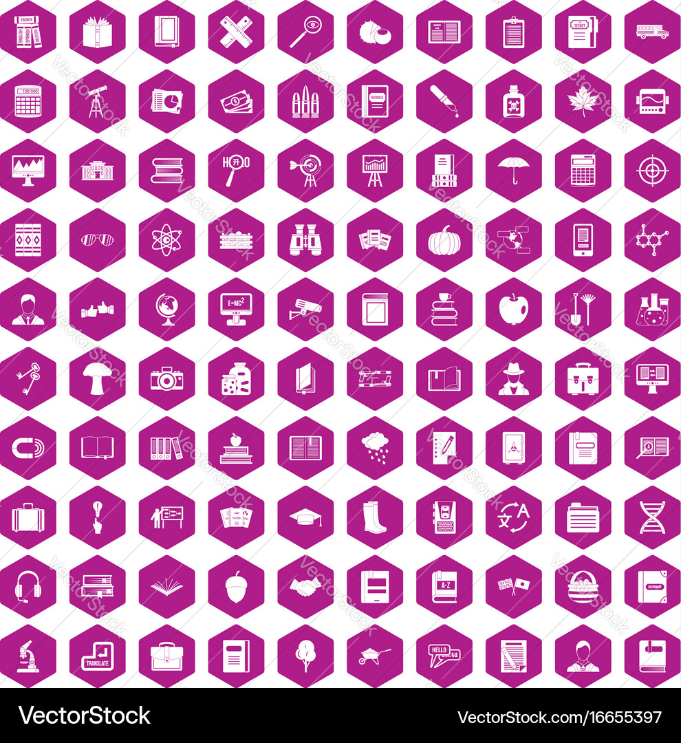 100 book icons hexagon violet Royalty Free Vector Image