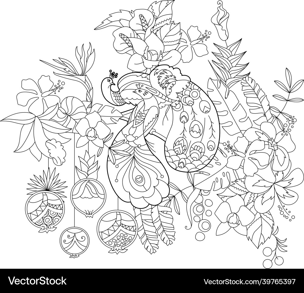 Contour linear for coloring book with paradise Vector Image