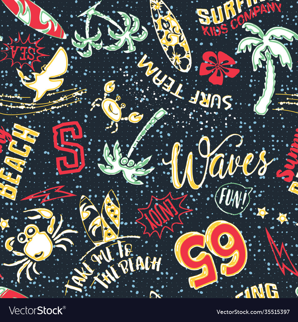 Cute surf beach cartoon elements patchwork Vector Image