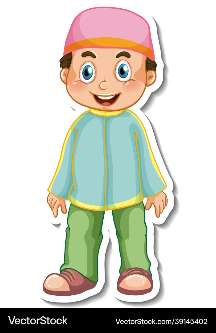 A sticker template with muslim boy in standing Vector Image