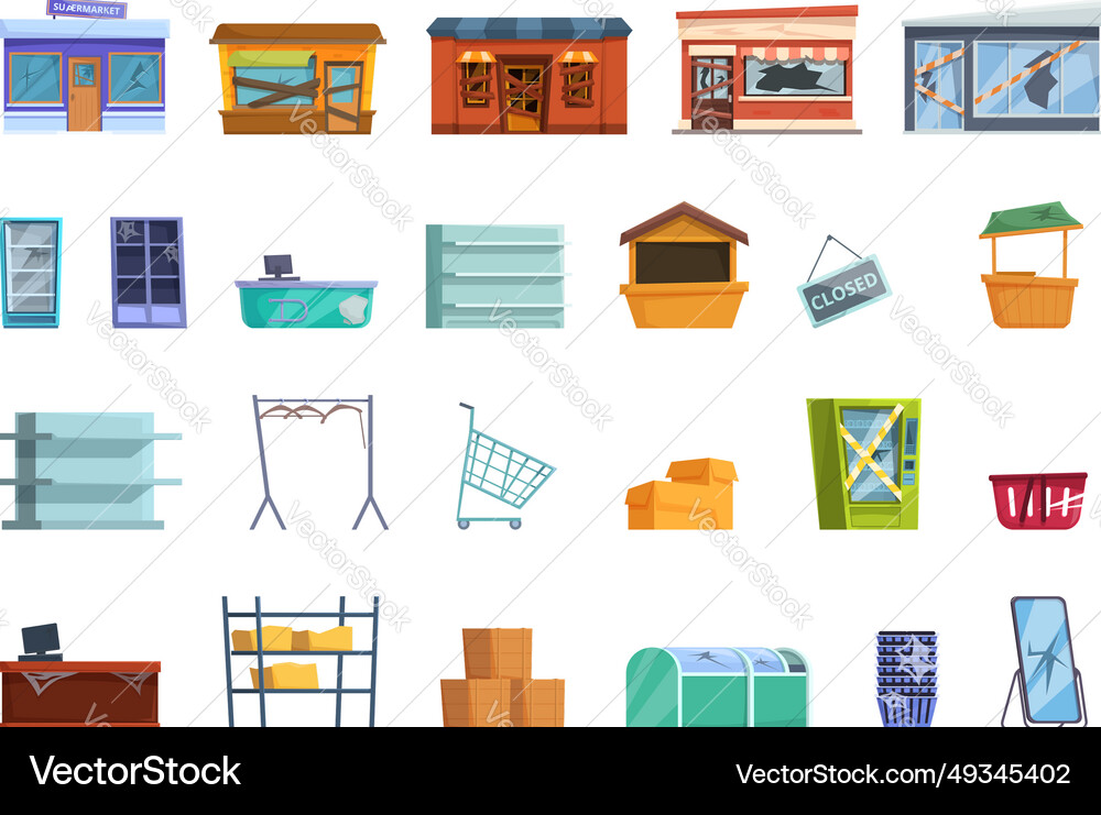 Abandoned store icons set cartoon broken Vector Image