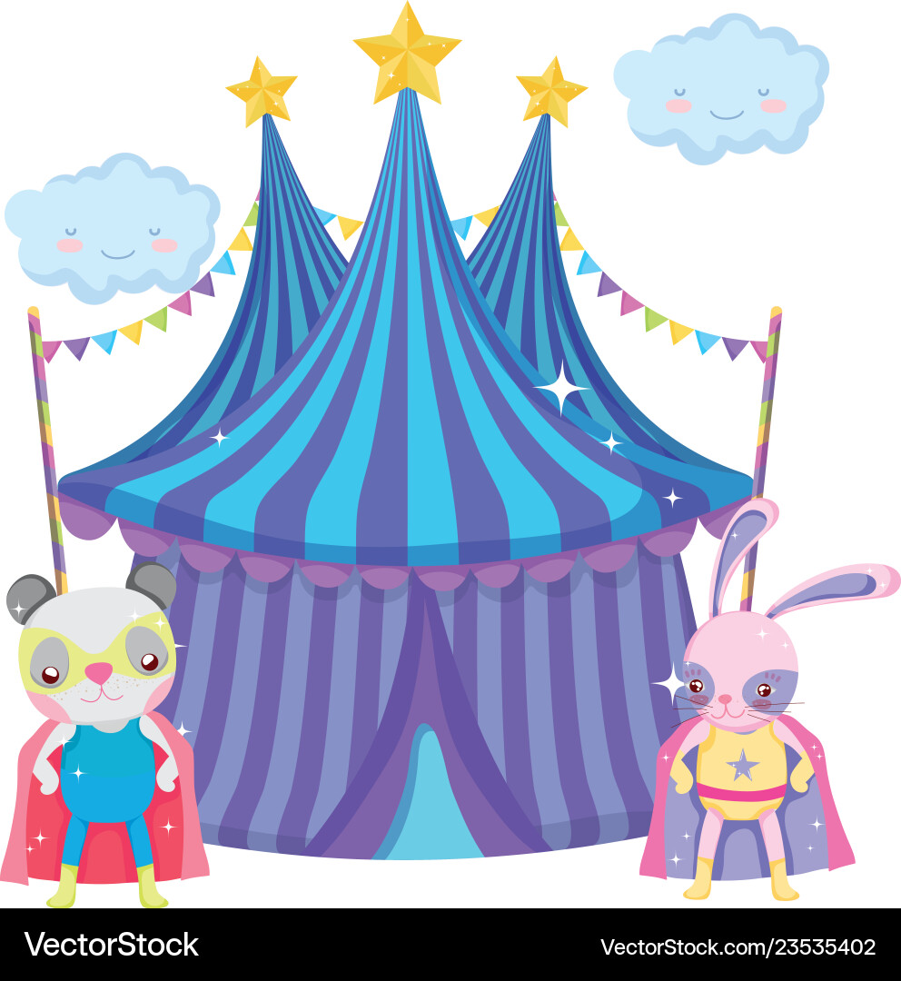 Cute circus cat and rabbit in tent Royalty Free Vector Image