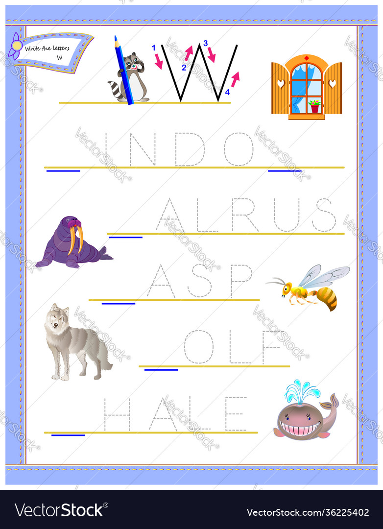 Tracing letter w for study english alphabet Vector Image