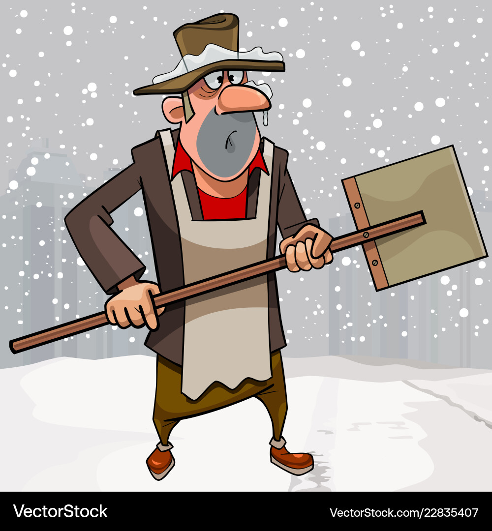 Cartoon funny surprised janitor stands Royalty Free Vector