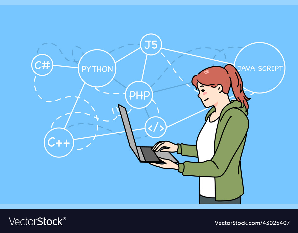 Woman programmer writing codes on computer Vector Image