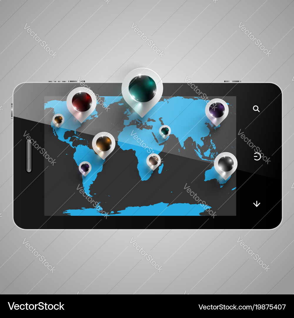 World map with 3d pins on a telephone Royalty Free Vector