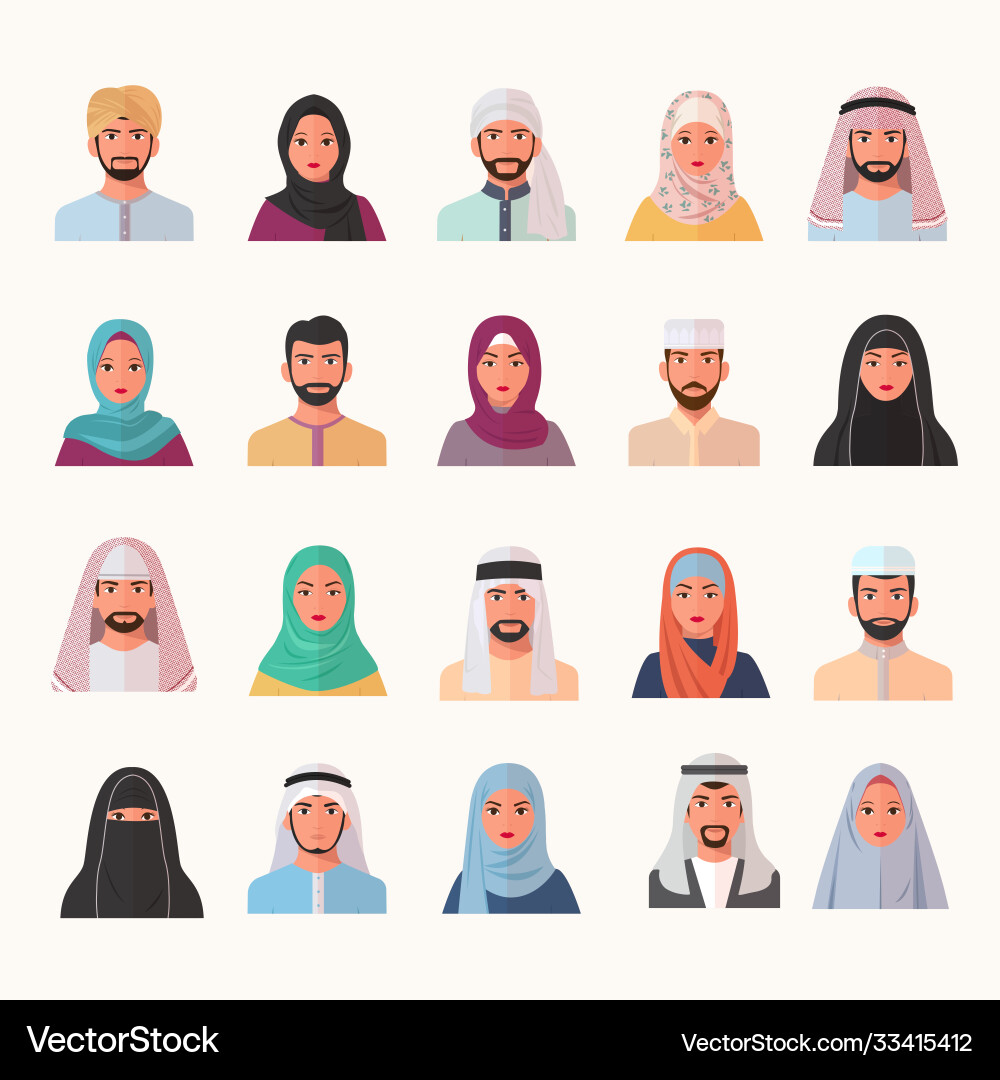 Eastern muslim characters avatars set smiling Vector Image