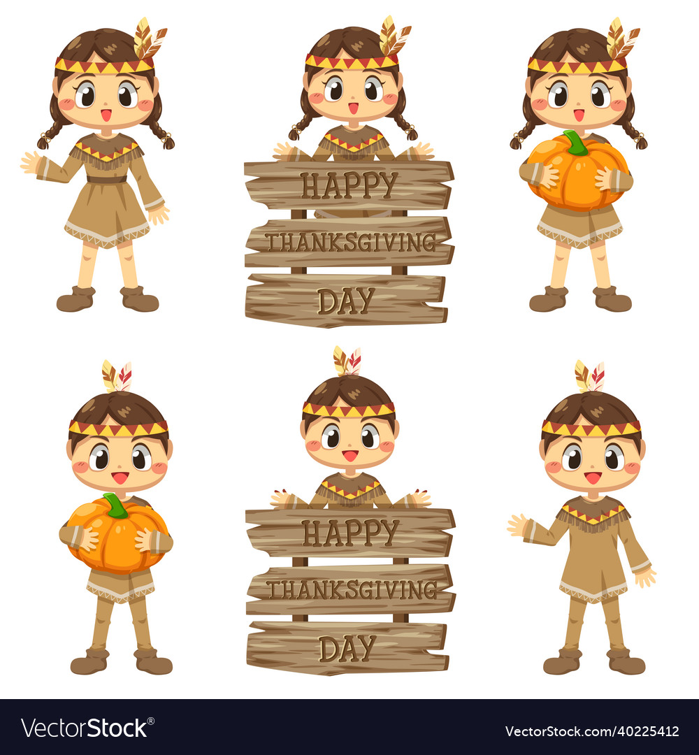 Happy thanksgiving day icons with girls and signs Vector Image