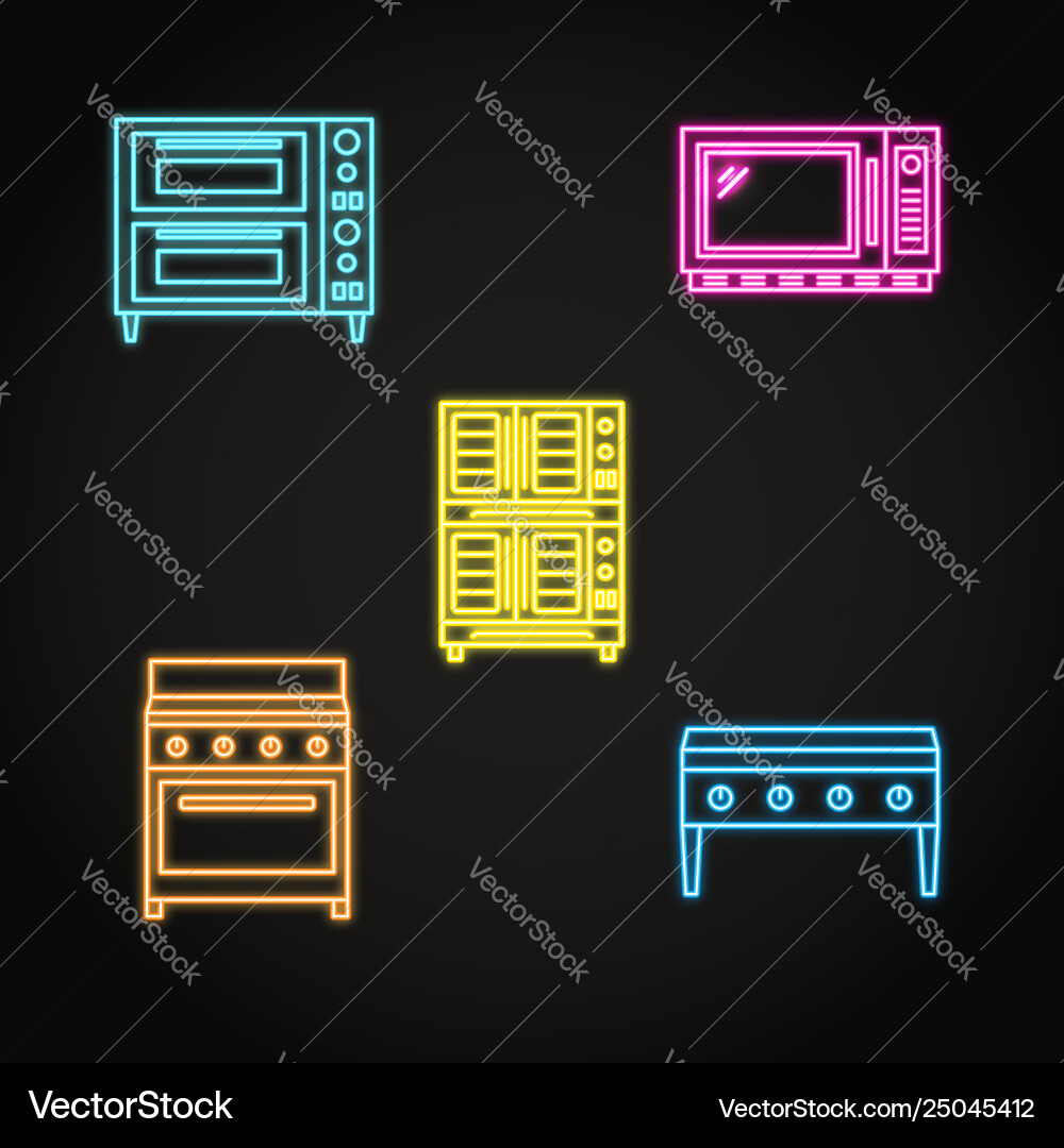 Professional kitchen equipment icon set in neon Vector Image