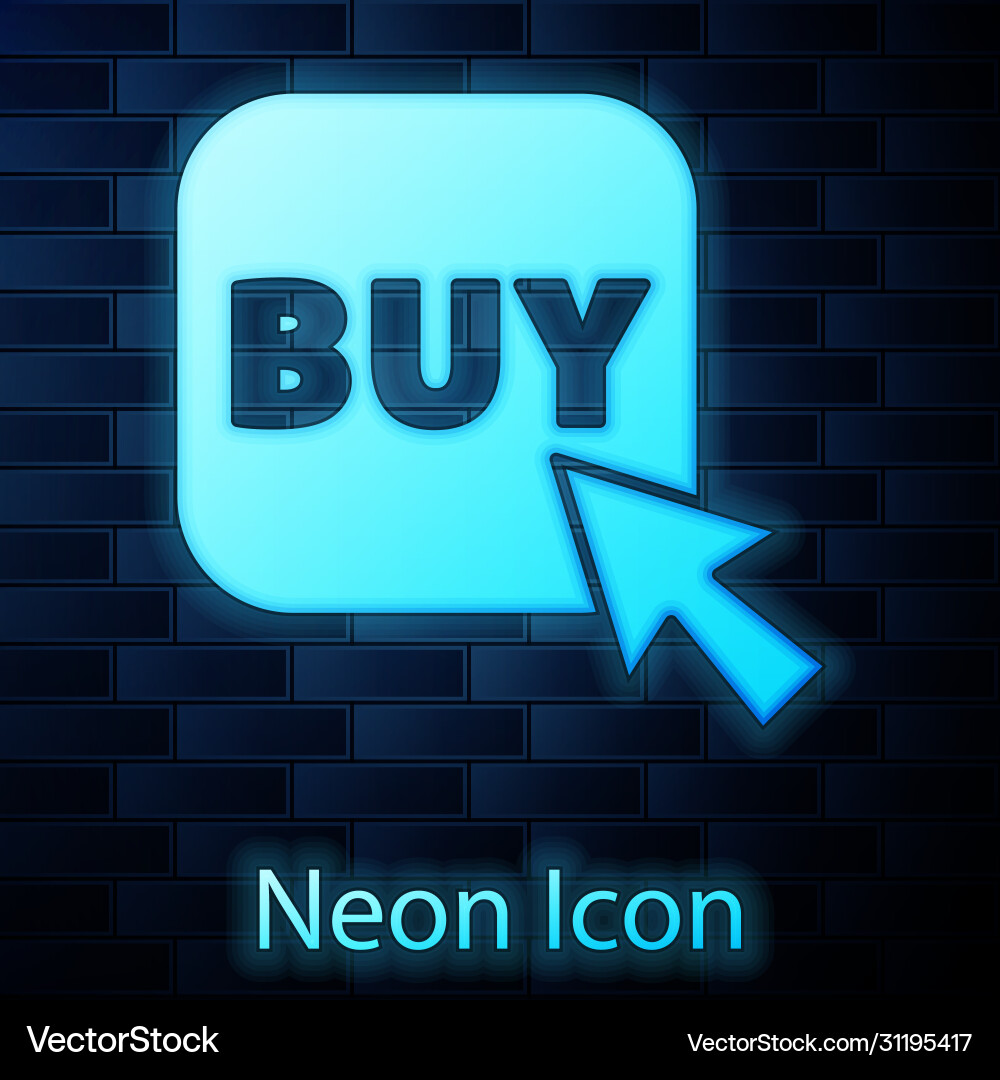 Glowing neon buy button icon isolated on brick Vector Image