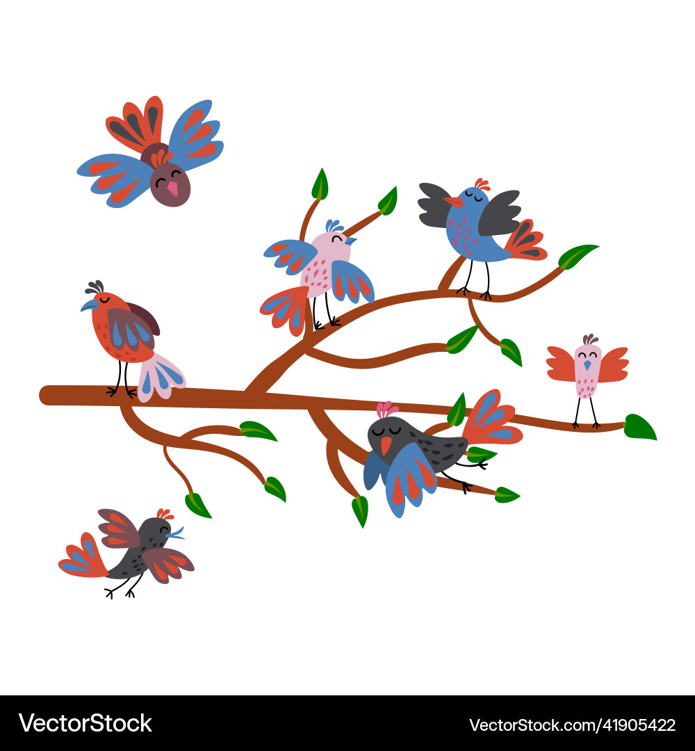 Cute birds on tree branch flying and standing Vector Image