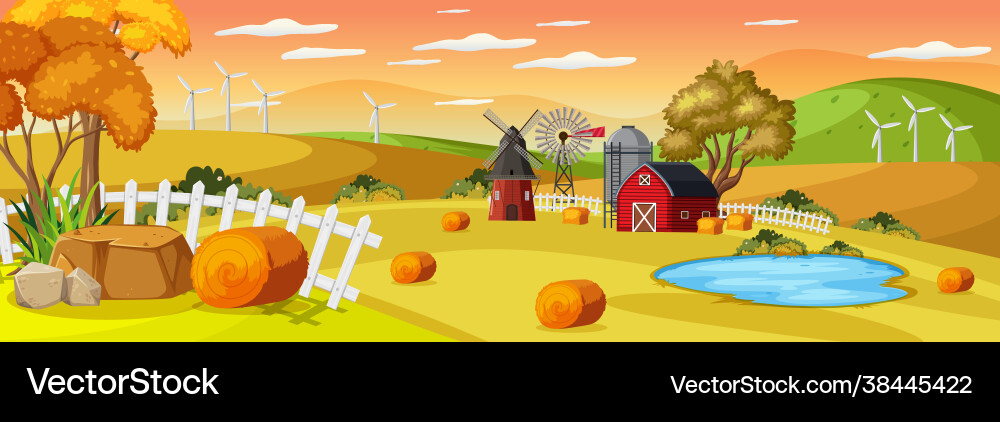 Farm horizontal landscape at sunset time scene Vector Image
