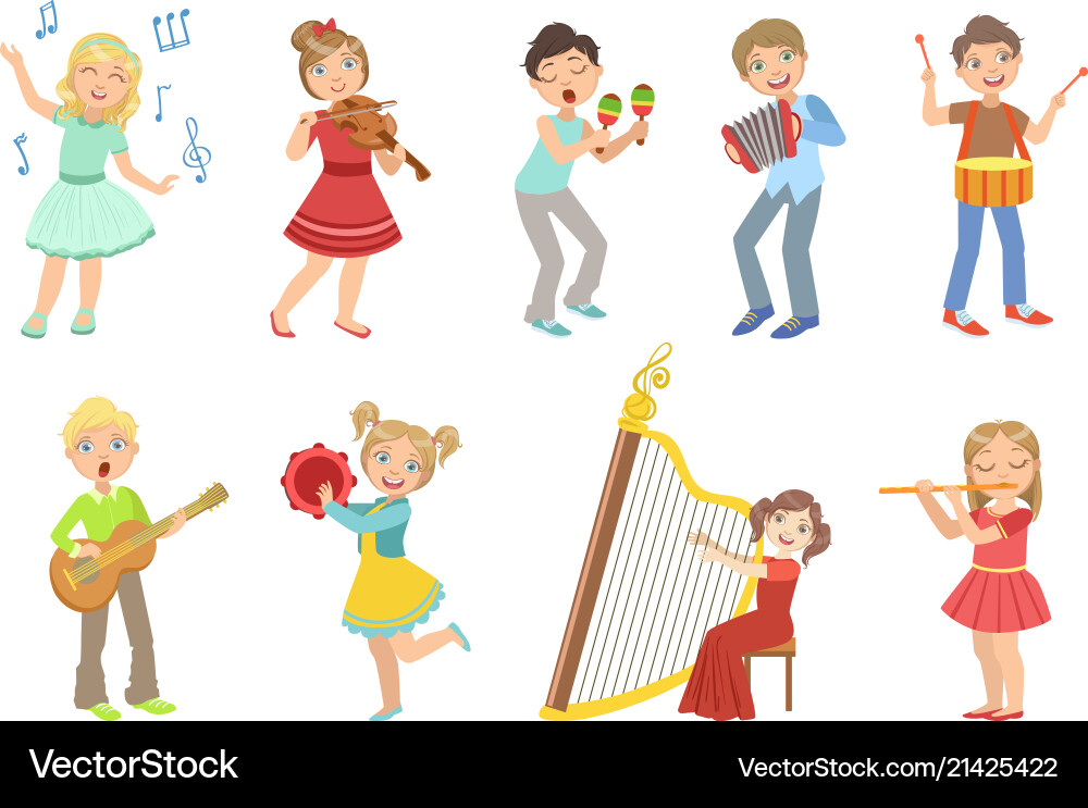 Kids singing and playing music instruments set Vector Image