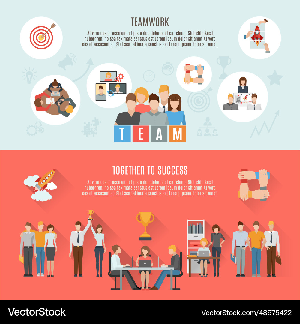 Teamwork management flat horizontal banners Vector Image