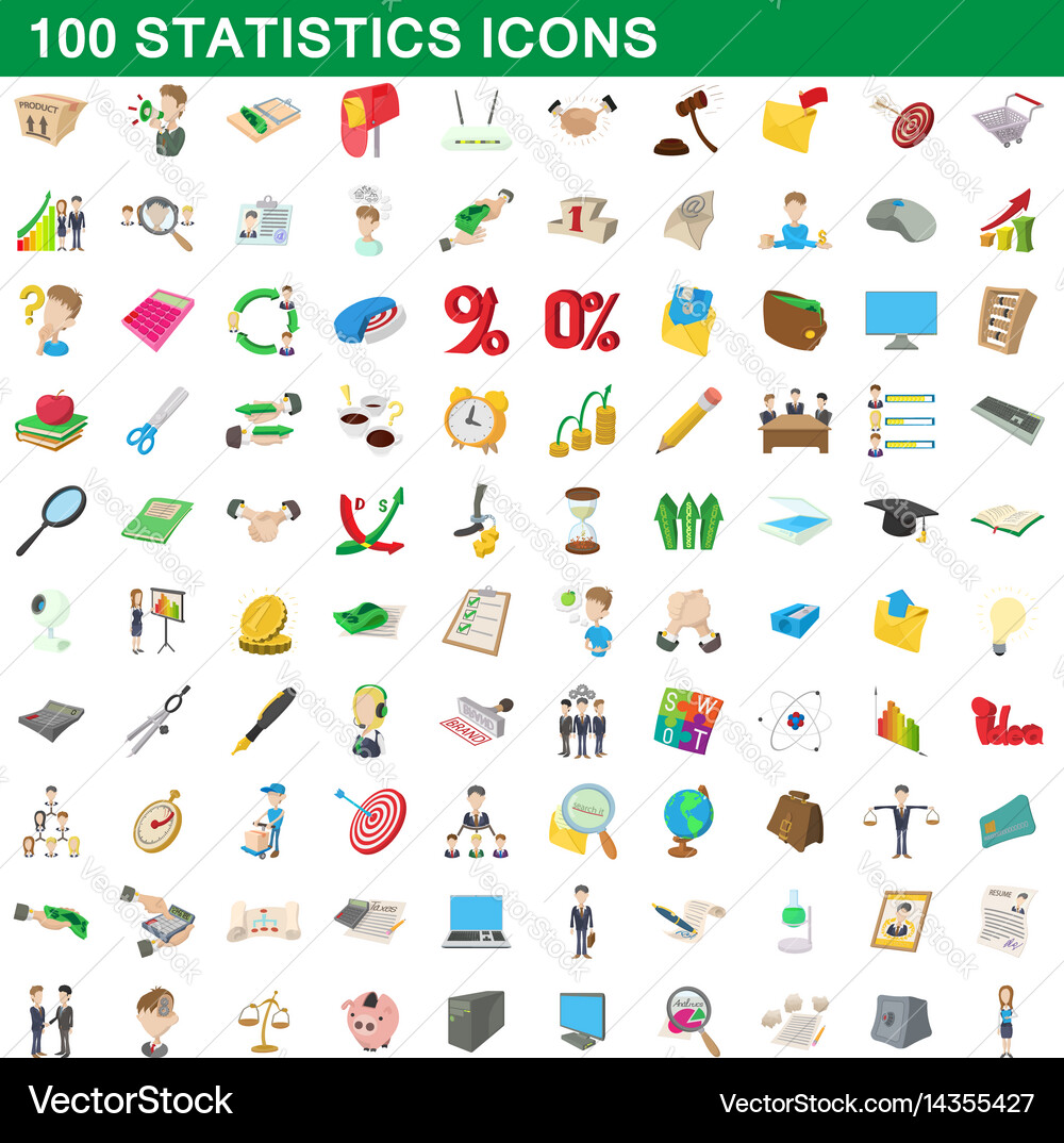 100 statistics icons set cartoon style Royalty Free Vector