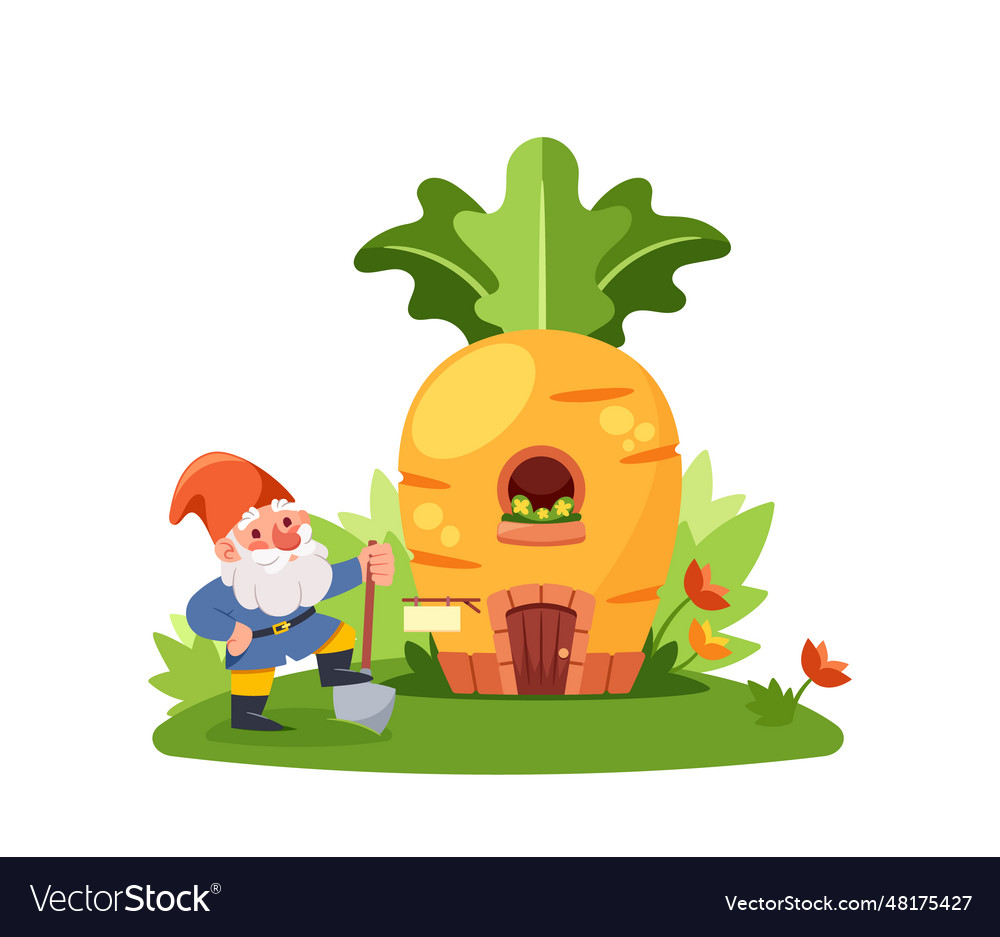 Gnome Gardener With Spade Near The Carrot House Vector Image