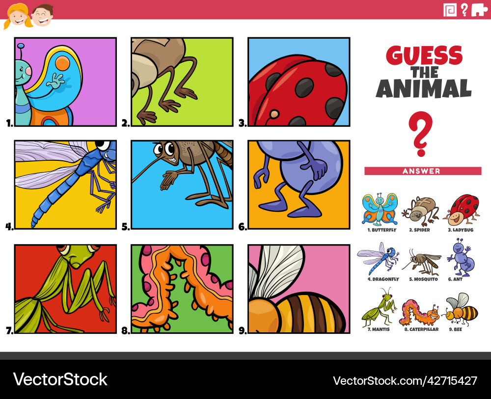 Guess cartoon animal characters educational task Vector Image