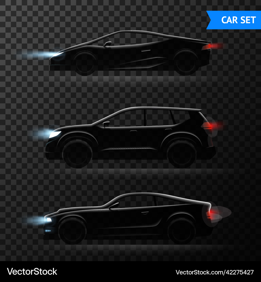 Realistic car dark transparent icon set Royalty Free Vector