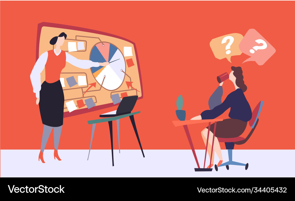 Woman points to diagram on a blackboard Royalty Free Vector