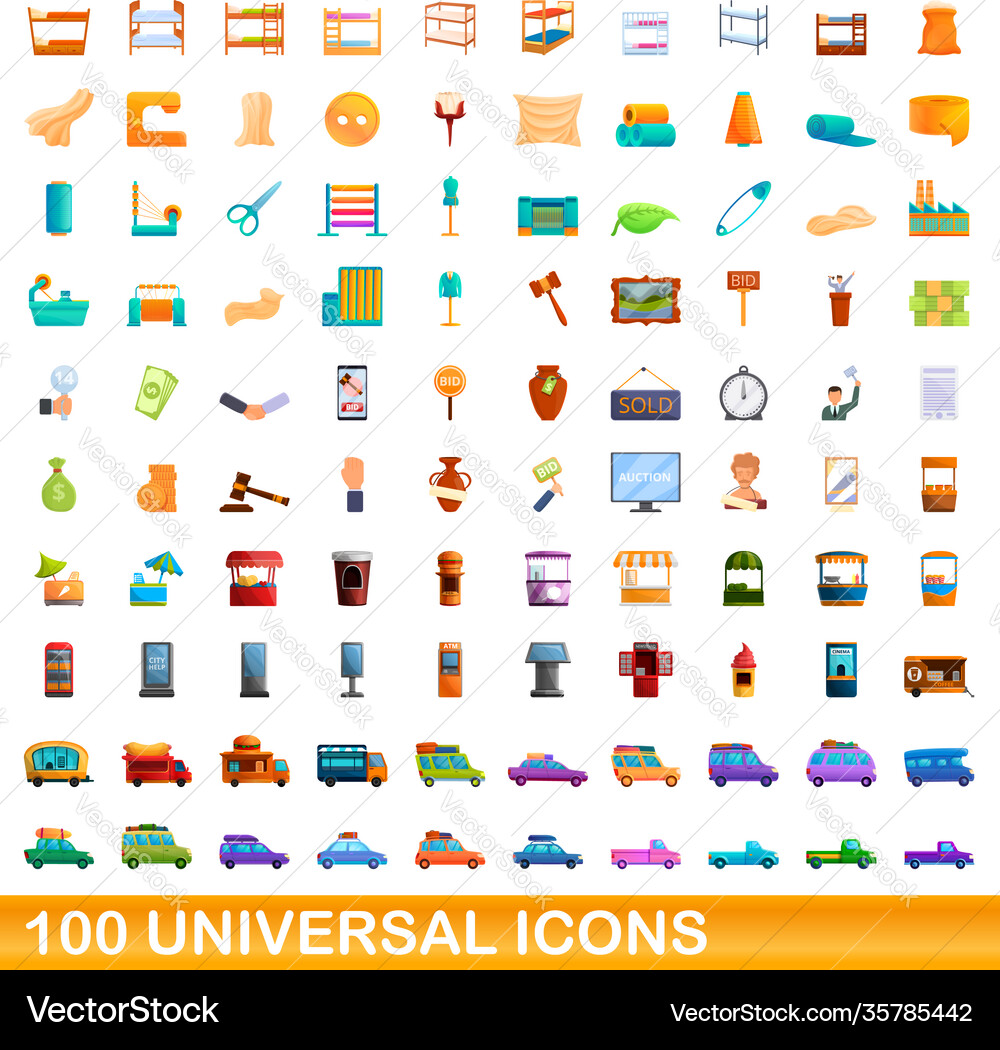 100 universal icons set cartoon style Royalty Free Vector