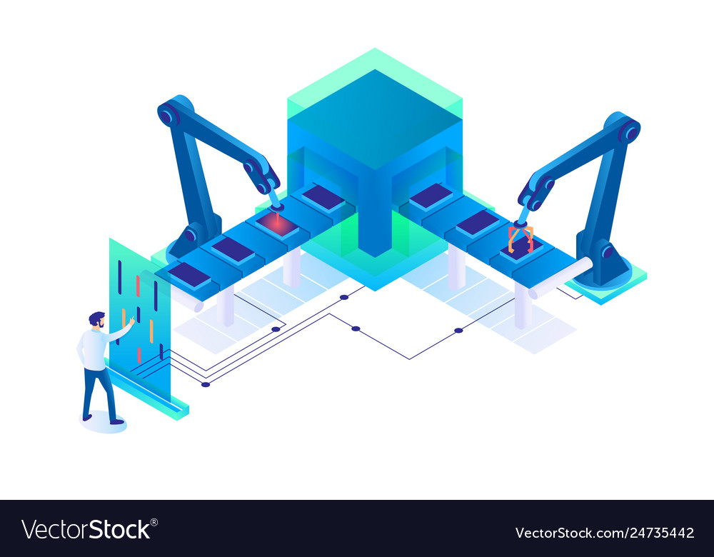 3d isometric man at work with semi automatic Vector Image