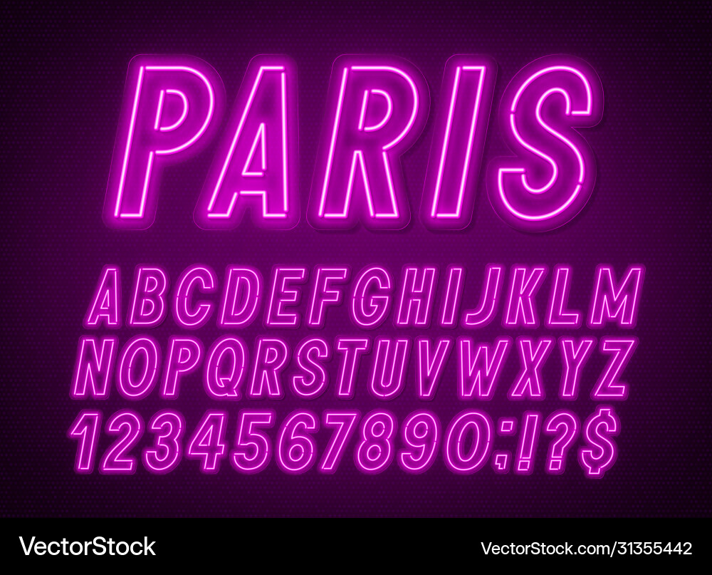 Neon pink font light alphabet with numbers Vector Image