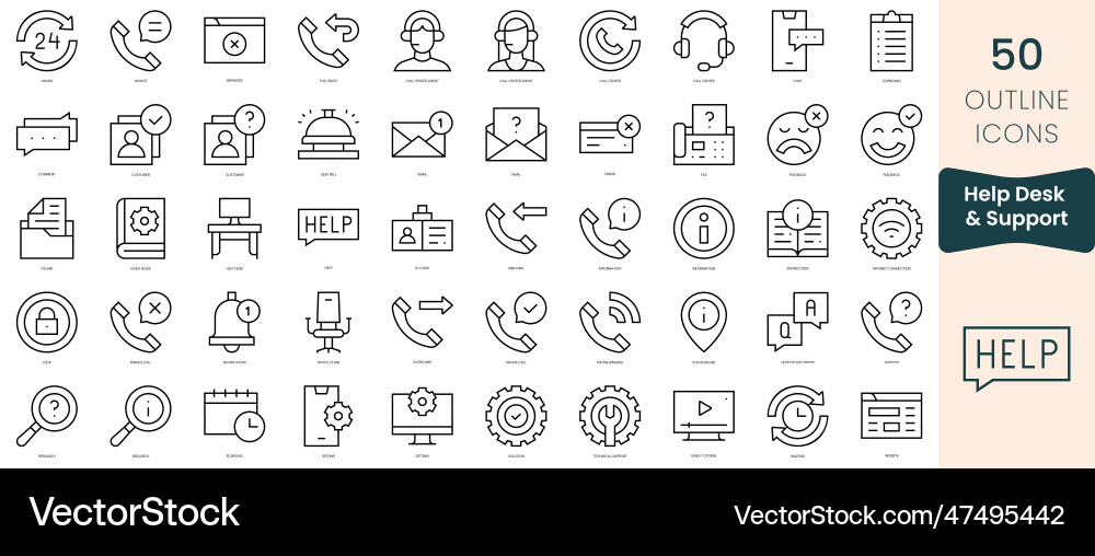 Set of help desk and support icons thin linear Vector Image